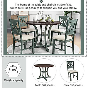 Dinehome 5 Piece Round Wood Dining Table and 4 Chairs Set with Special-shaped Legs and an Exquisitely Designed Retro Hollow Back, Antique Blue + Dark Brown