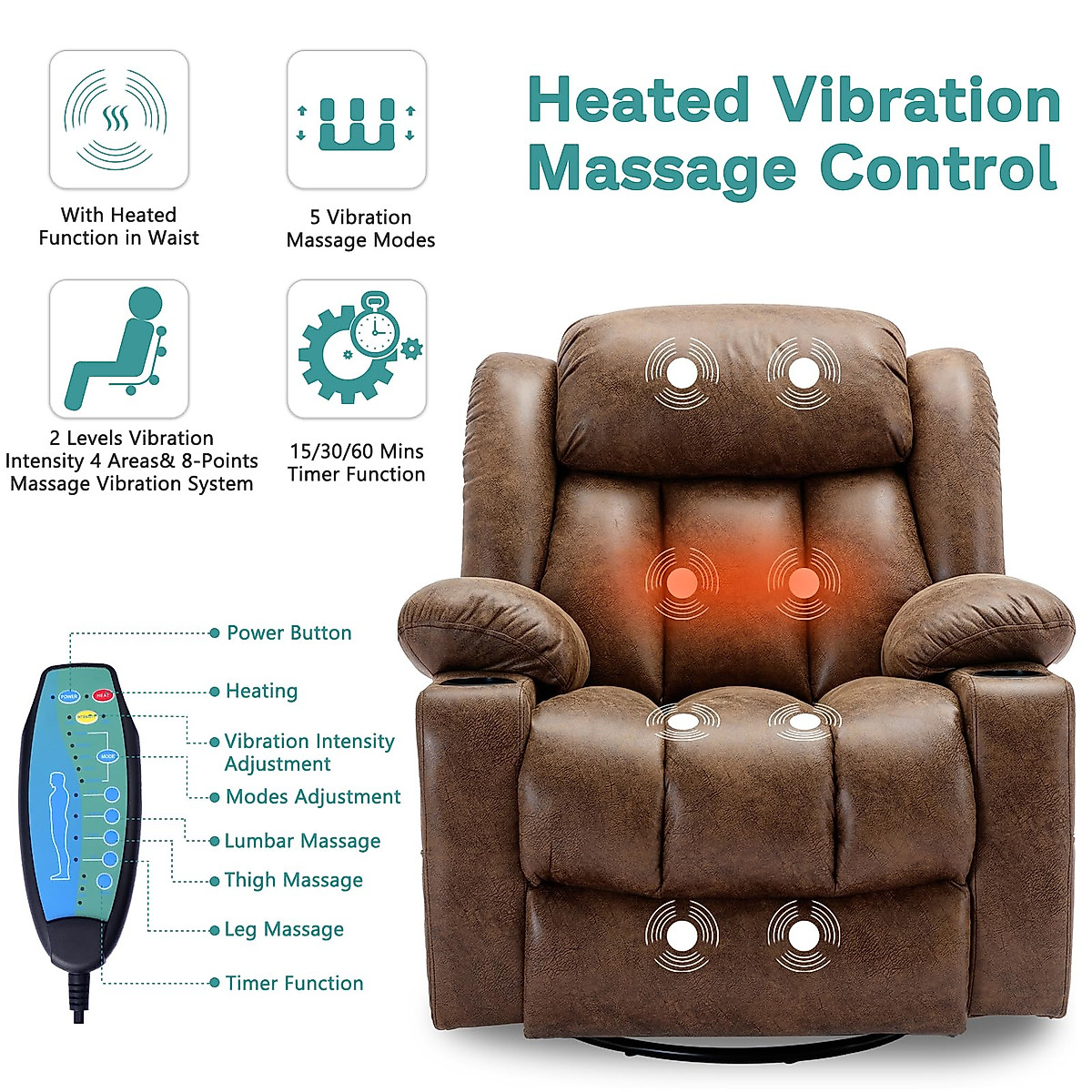 MEETWARM Massage Swivel Rocker Recliner with Heat and Vibration, Manual Glider Rocking Recliner Chair, 360°Swivel Lounge Reclining Chair with USB Ports/Cup Holder/Remote Control(Brown)