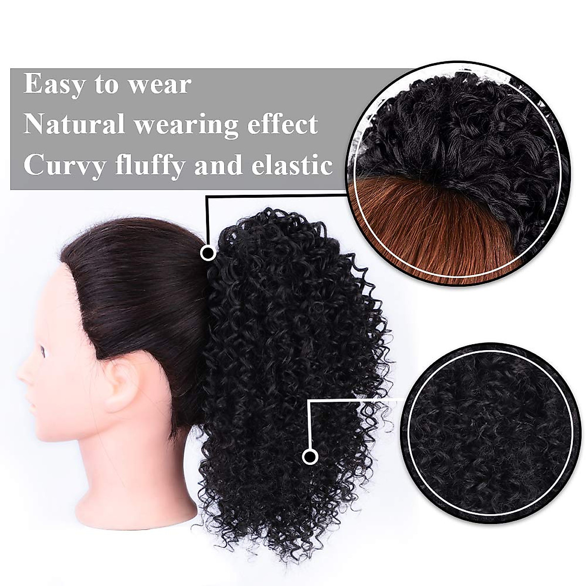 Vigorous Afro Drawstring Ponytail Kinky Curly Ponytail Drawstring Afro Puffs Curly Ponytail Extension for Women Synthetic 10 Inch Curly Ponytail （Black 1B#）