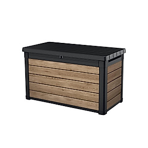Keter Ashwood 100 Gallon Resin Deck Box Organization and Storage for Patio Furniture Outdoor Cushions, Throw Pillows, Garden Tools and Pool Toys, Brown