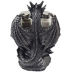 Mythical Dragon Salt and Pepper Shaker Set with Holder Figurine for Medieval & Fantasy Bar or Kitchen Table Decor Sculptures and Gothic Gifts by Home-n-Gifts