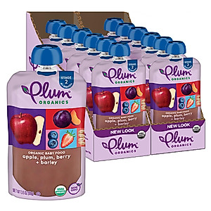 Plum Organics Stage 2 Organic Baby Food - Apple, Plum, Berry, and Barley - 3.5 oz Pouch (Pack of 12) - Organic Fruit and Vegetable Baby Food Pouch