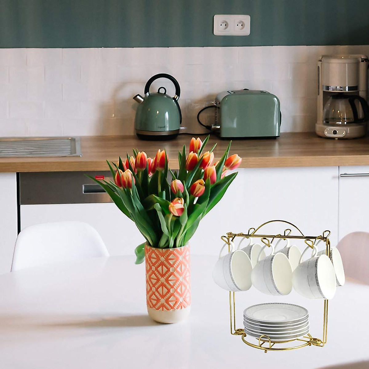 HOHIYA 2 Pcs Tea Cup Display Rack Saucer Stand Holder Teacup for China Coffee Mug Organizer Gold