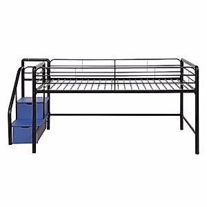 DHP Junior Twin Metal Loft Bed with Storage Steps, Multifunctional Space-Saving Solution - Black with Blue Steps
