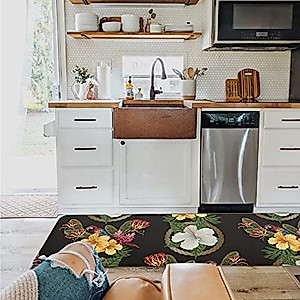 Libaoge Kitchen Mat Rug 1 PCS Tropical Plant Flowers Parrot Red Ginger Flower Hibiscus Runner Rug Anti-Fatigue Comfort Memory Foam Standing Mat Non-Slip Floor Door Mat for Bathroom Bedroom 24x71in