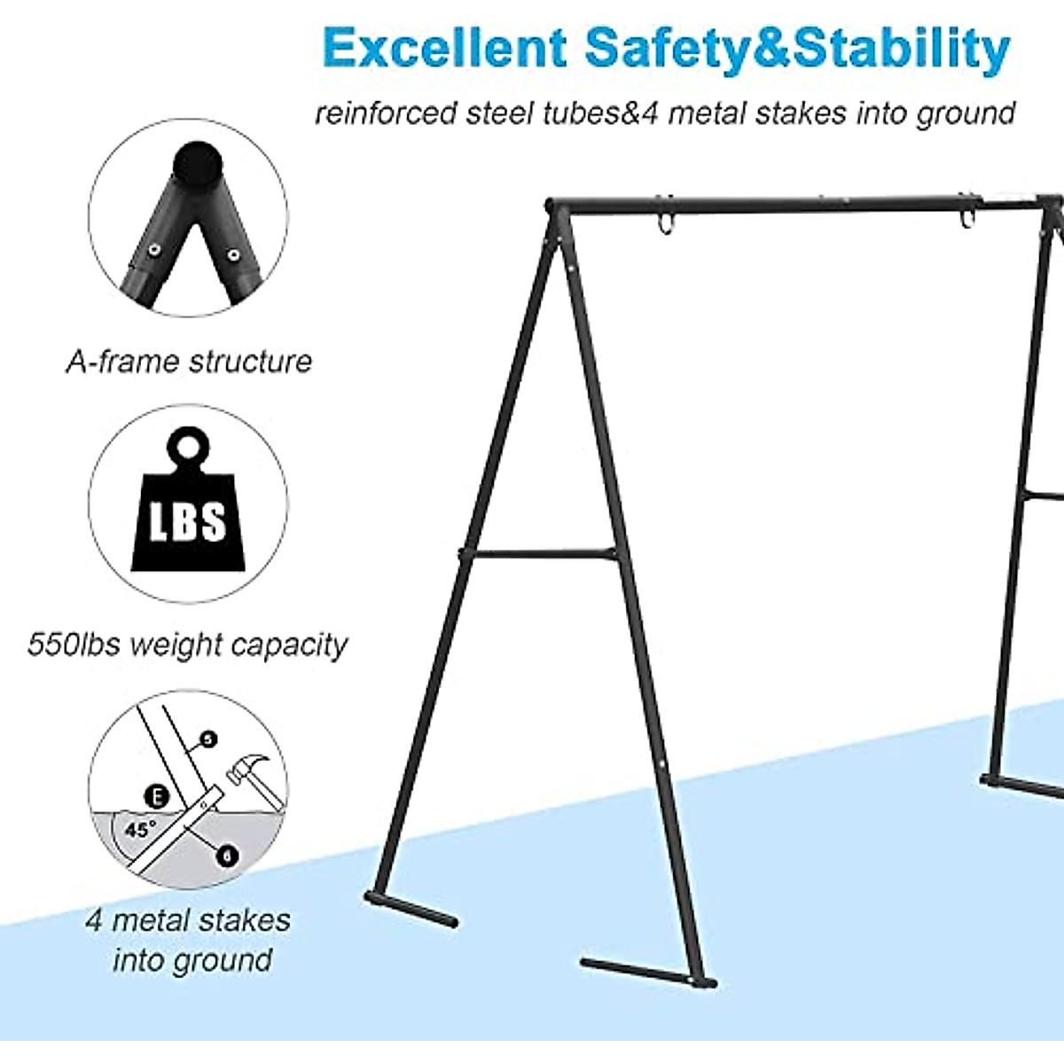 Hishine Swing Stand for Porch Outdoor Heavy Duty Swing Frame, Full Steel Metal Frame with 4 Ground Pegs, 71" Height Holds Up to 550lbs, Black (Swing NOT Included)