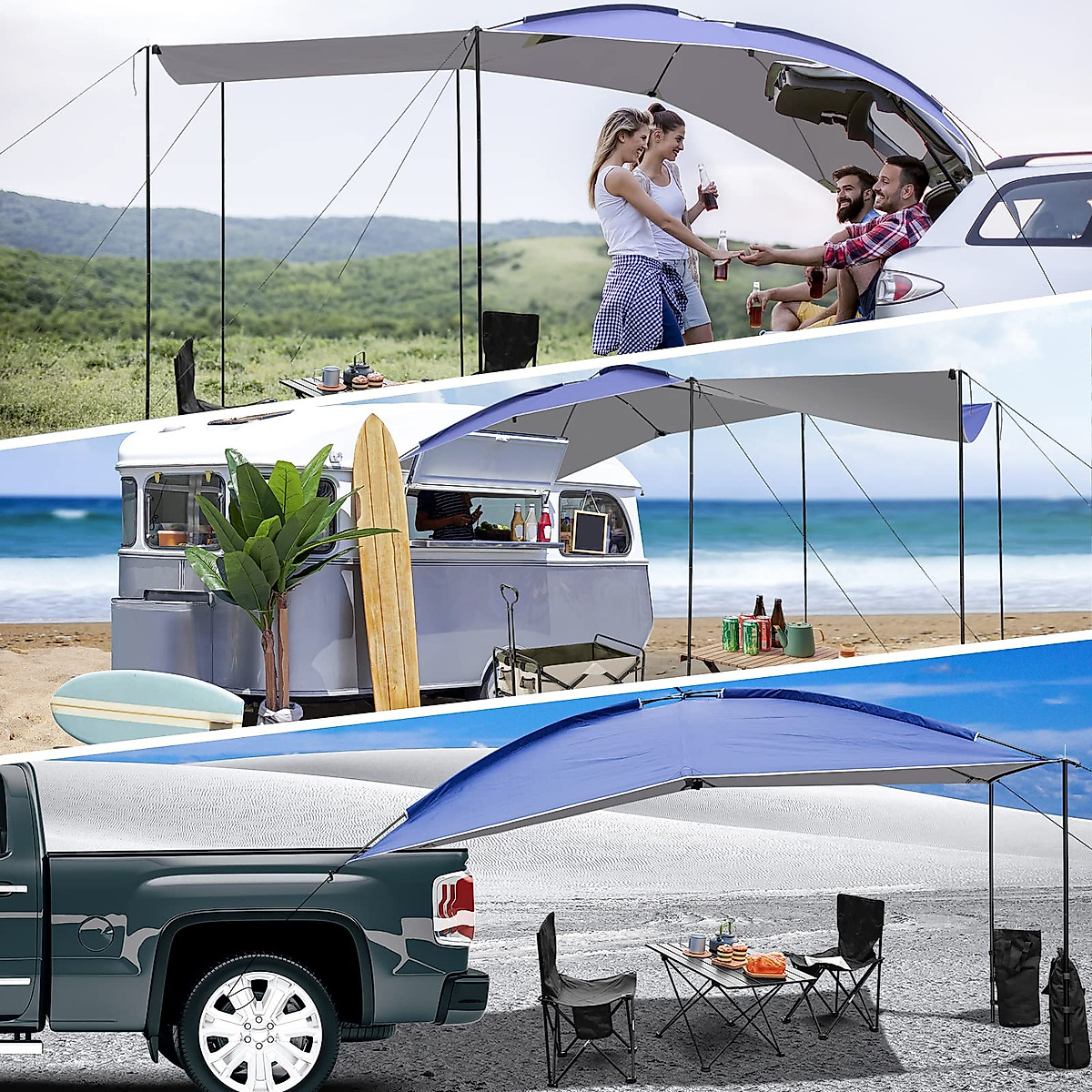 UBOWAY Awning Sun Shelter: Waterproof Auto Canopy Camper Trailer Tent Roof Top for SUV Minivan Hatchback Camping Outdoor Travel 5-6Persons