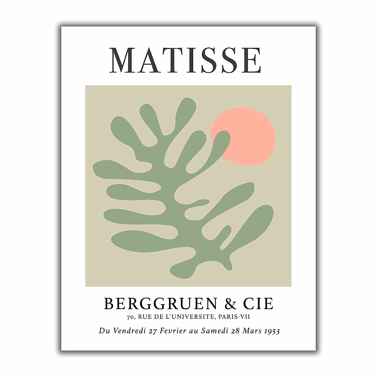 Matisse-Inspired No.16 Exhibition Wall Art Print. 11x14 UNFRAMED. Abstract, Minimalist Modern Wall Decor. Cut-Out Botanical Shapes in Shades of Sage Green & Pink on Gray.