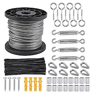 String Light Hanging Kit Outdoor Globe String Light Suspension Kit with 164 Ft Vinyl Coated Stainless Steel Wire Cable, Turnbuckle, Thimble, Hooks for Garden Patio Backyard Lighting Accessories