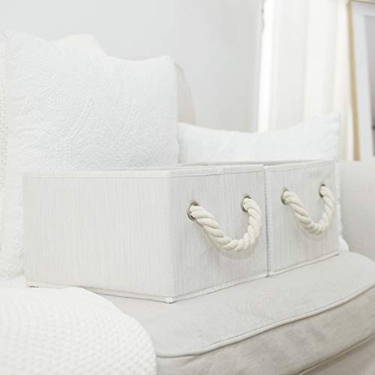 Foldable Fabric Storage Bin w/Cotton Rope Handles, Ivory (11L), 2-Pack