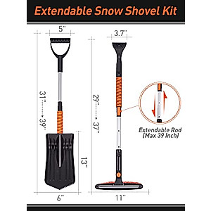 Ice Scraper and Snow Brush for Car Windshield, 29"-39" Extendable Snow Shovel with Ergonomic Foam Grip, 5 in 1 Windows Scraper for Car Snow Scraper and Brush for Truck & SUV