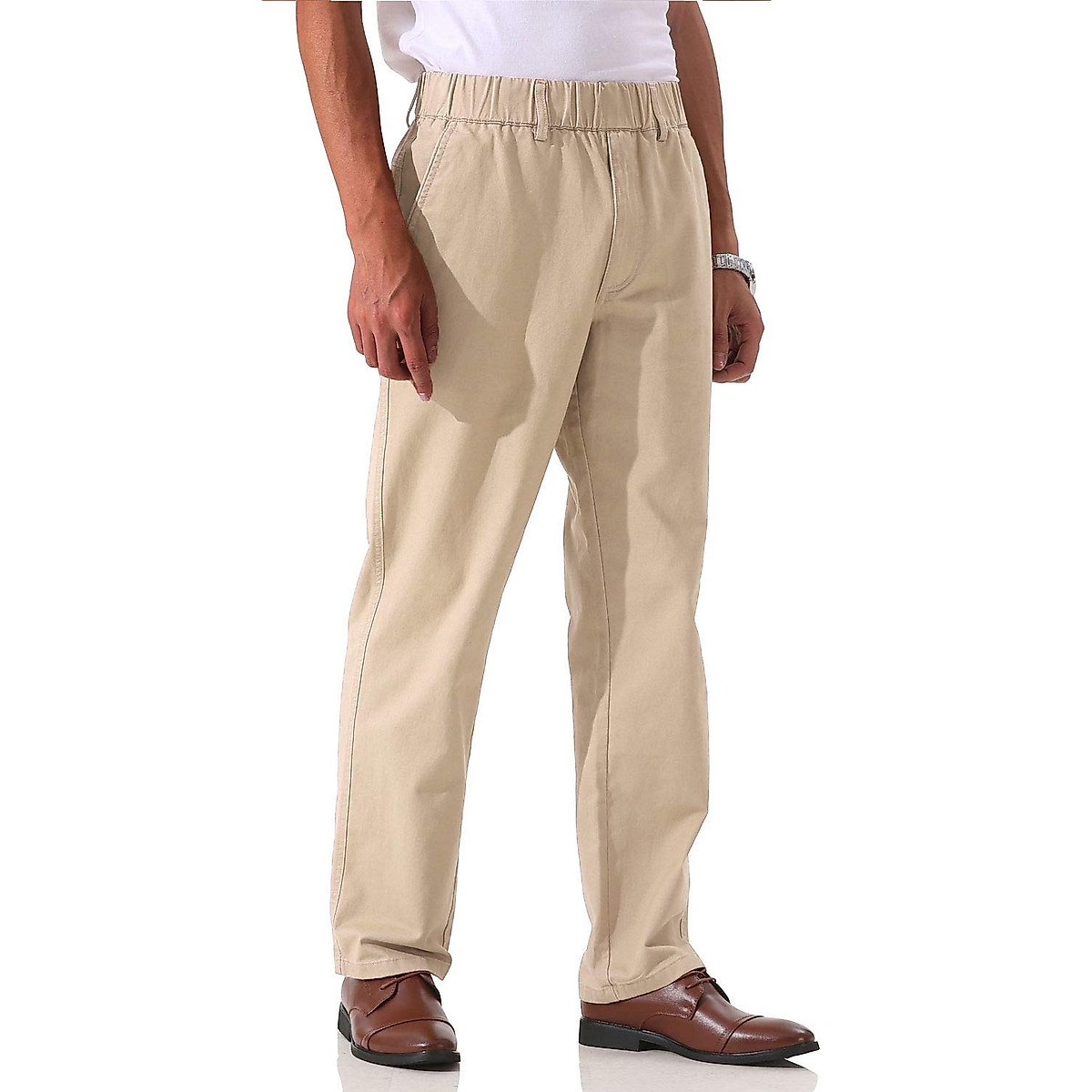 Soojun Men's Cotton Relaxed Fit Full Elastic Waist Twill Pants, Khaki, 40W x 32L