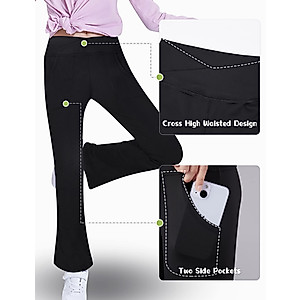 Gnainach Girls Flare Pants Size 13-14 Years Old Black High Waist Crossover Leggings with Pockets Kids Bell Bottoms for Teen Yoga Running