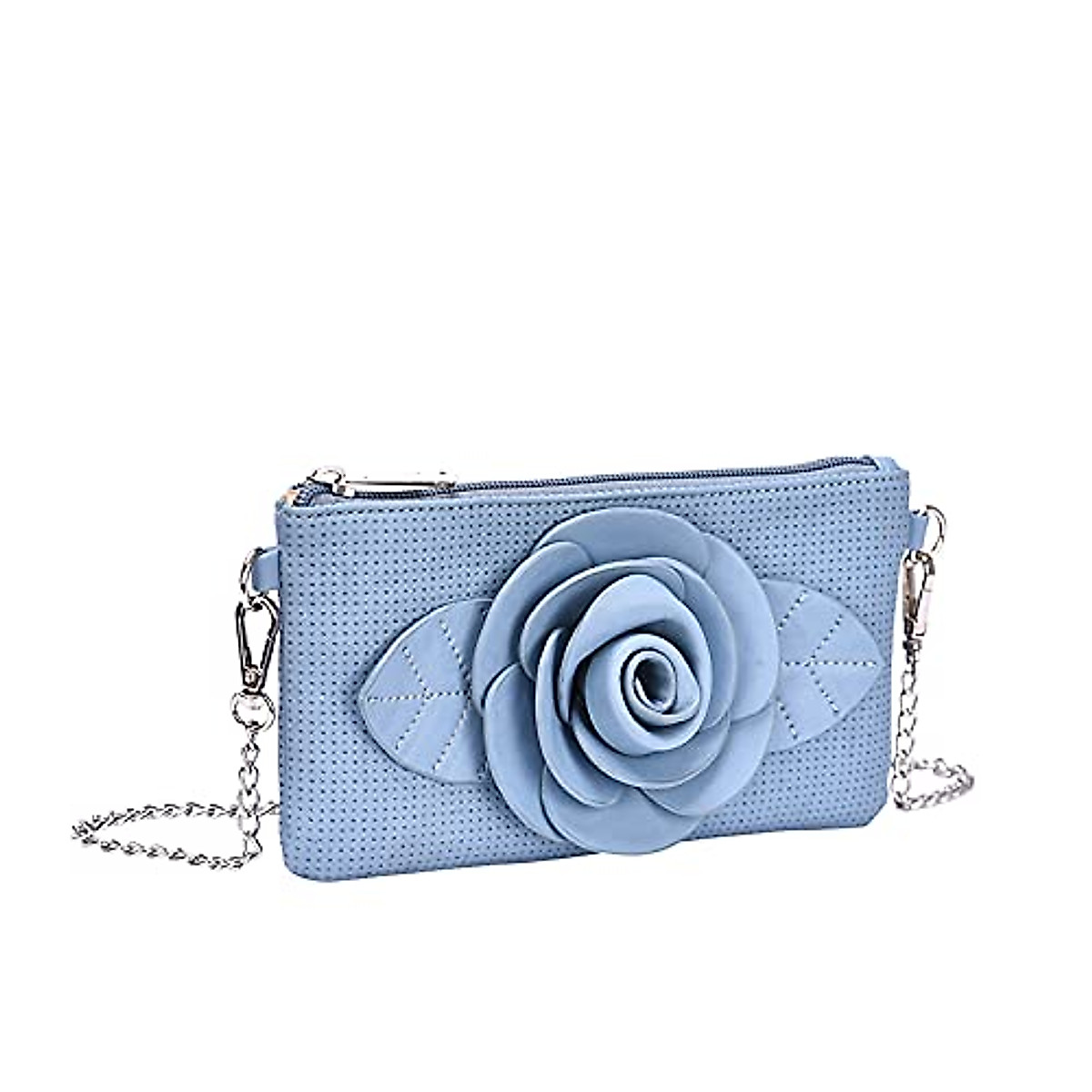 Mellow World Arina Vegan Leather Floral Decoration Crossbody Handbag with removable strap and wristlet Blue