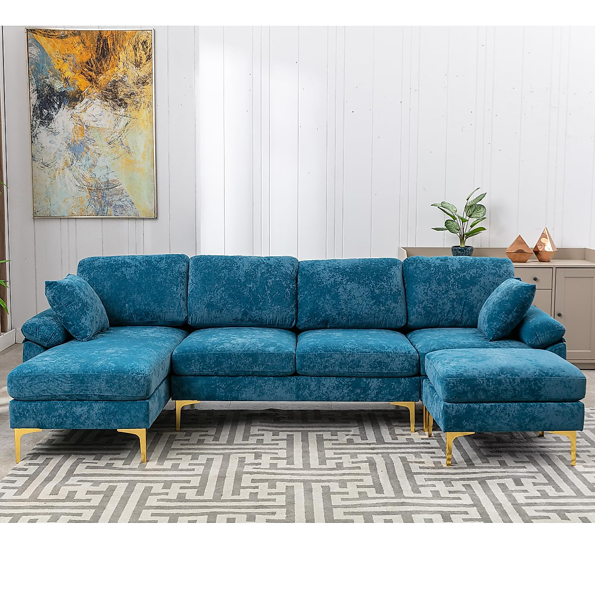Sudwesto Modular Sectional Sofa, U Shape Chenille Upholstered Sofa Couch with Ottoman, 4 Seat Reversible Couch with Chaise Lounges, Convertible Sofa Set for Living Room (Teal Blue)