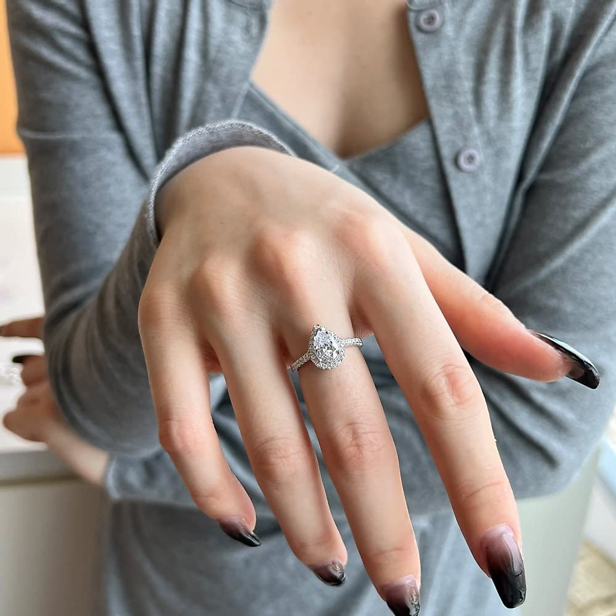 Blocaci Pear Shaped Bridal Ring Set for Women Engagement Ring Sets, 1 Carat Center Moissanite Bridal Sets Wedding Rings 925 Sterling Silver 10K 14K 18K Gold with Text Engraving (10K Gold)