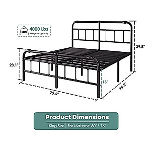 FSCHOS King-Bed-Frame-with-Headboard and Footboard, 18 Inch Metal Platform King-Size-Bed-Frame, Premium Steel Heavy Duty Bed Frame King No Box Spring Needed, Easy Assembly, Black