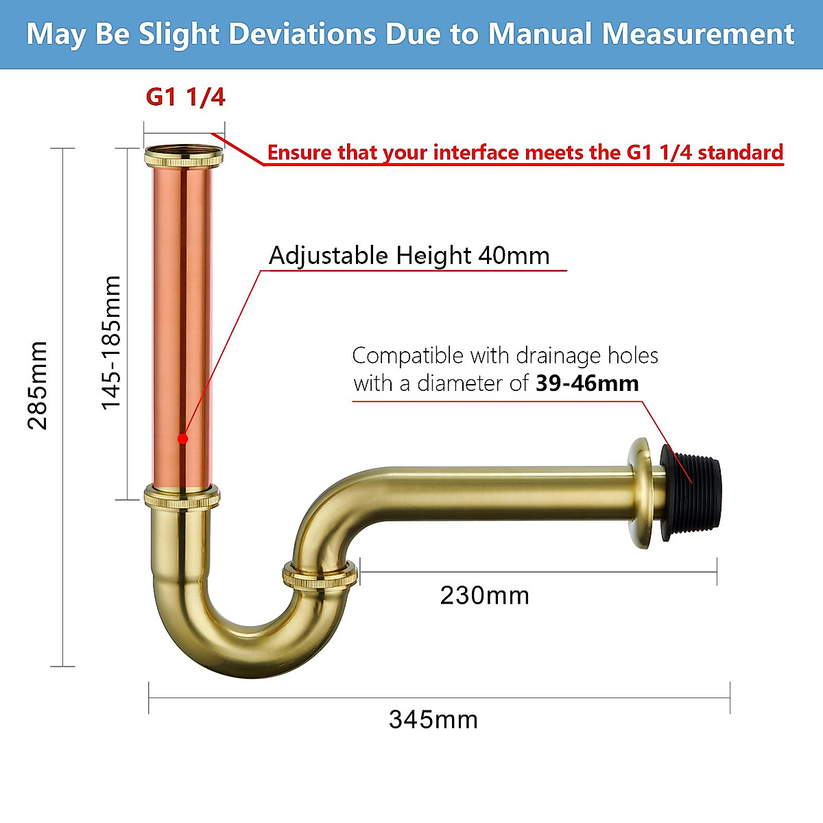 Heixutas Brass P Trap Bathroom Sink : 1 1/4 Sink Trap with Adjustable Height - Brushed Gold Bottle P-Trap with Slip Joint Extension Tube - U-Shape Basin Sink Plumbing/Pipe Replacement Kit
