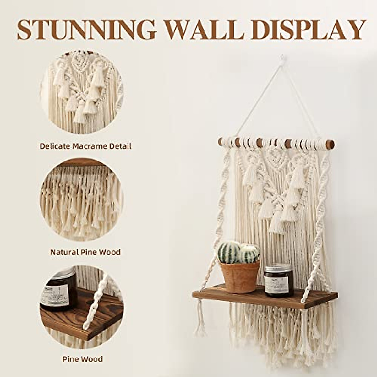 ANROYE 1 TierAND 2 Tier Macrame Boho Wall Hanging Shelf, Handmade Bohemian Wooden Woven Plants Floating Shelves Decor, Mini Chic Rope Crystal Holder Organizer