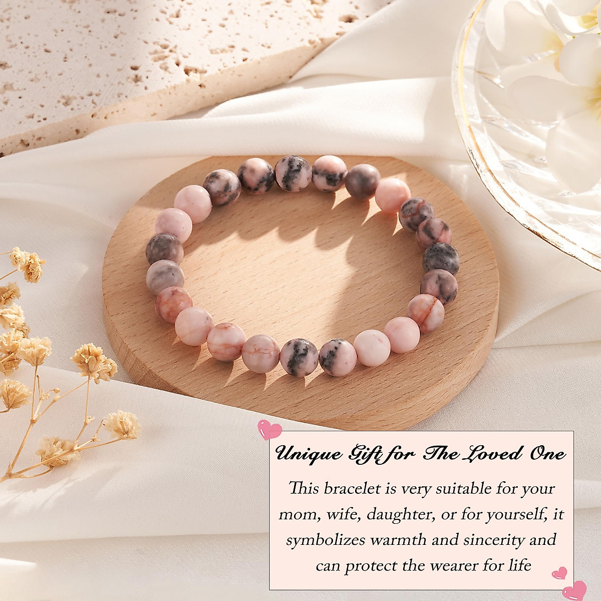 Seyaa Bracelet for Women, Pink Zebra Jasper Bracelet, Birthday Valentines Day Gift for Her Teen, Natural Crystal Stone