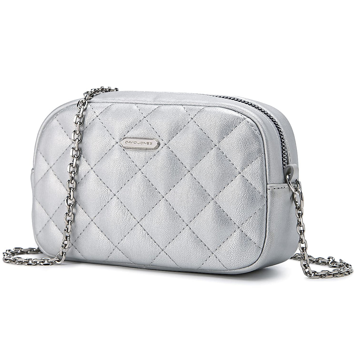 David Jones Trendy Small Cute Silver Bag, Faux Leather Crossover Long Over the Shoulder Womens Purses and Handbags with Chain Strap