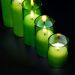 Girimax Green Glass Flameless Candles with Remote, Flickering LED Votive Pillar Candles Battery Operated Slim Tall Candles Φ 2" H 3" 4" 5" 6" 7"