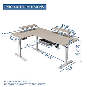 bilbil L Shaped Electric Standing Desk with Drawer, 62x47 Inches Adjustable Height Sit Stand Up Desk with Storage Shelf, Pale Pearwood Top/White Frame