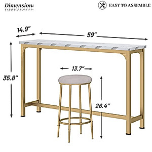 JOSMORE Gold Bar Table and Chairs Set, Marble Bar Table Set, Pub Height Table with Bar Stools, Modern Dining Table Sets for Kitchen and Living Room