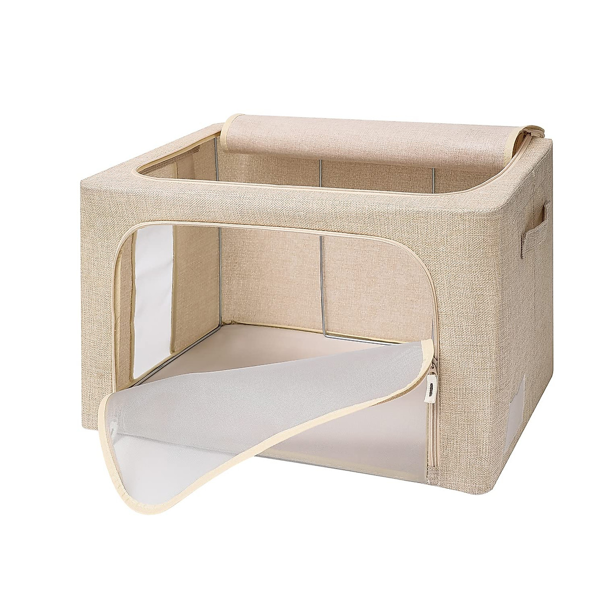 FHSQX Clothes Storage Bins,Foldable Clothing Storage Box,Stackable Steel Frame Oxford Fabric Organizer with Clear Window & Carry Handles (Beige, (15.7 * 12 * 8) x2)