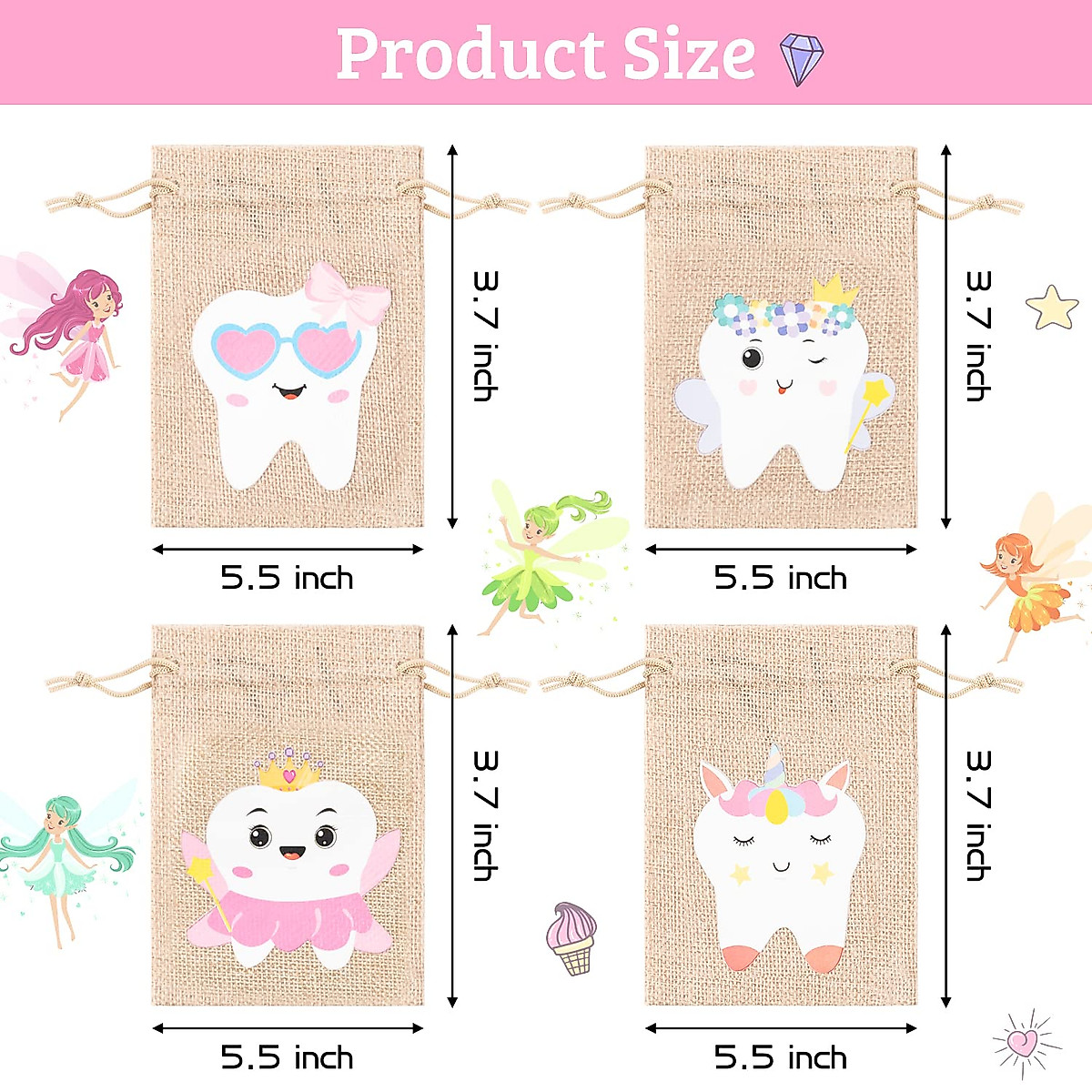 4Pcs Tooth Fairy Bag for Girls Pouch Tooth Fairy Keepsake Bag to Place Under Pillow Milk Teeth Container Box Personalized Lost Tooth Holder Baby Toddler Teeth Case for Baby Shower Birthday Gift