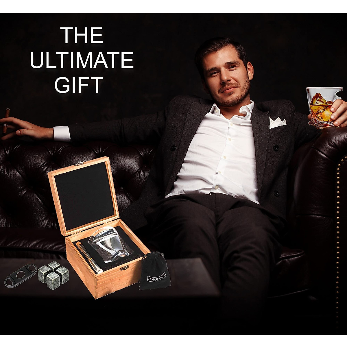 Whiskey Cigar Glasses with Side Mounted Cigar Holder, 10 oz + Whisky Chilling Stones and Accessories in Wooden Box - Scotch Bourbon Set for Dad, Husband, Fathers Day, Birthday Bezrat