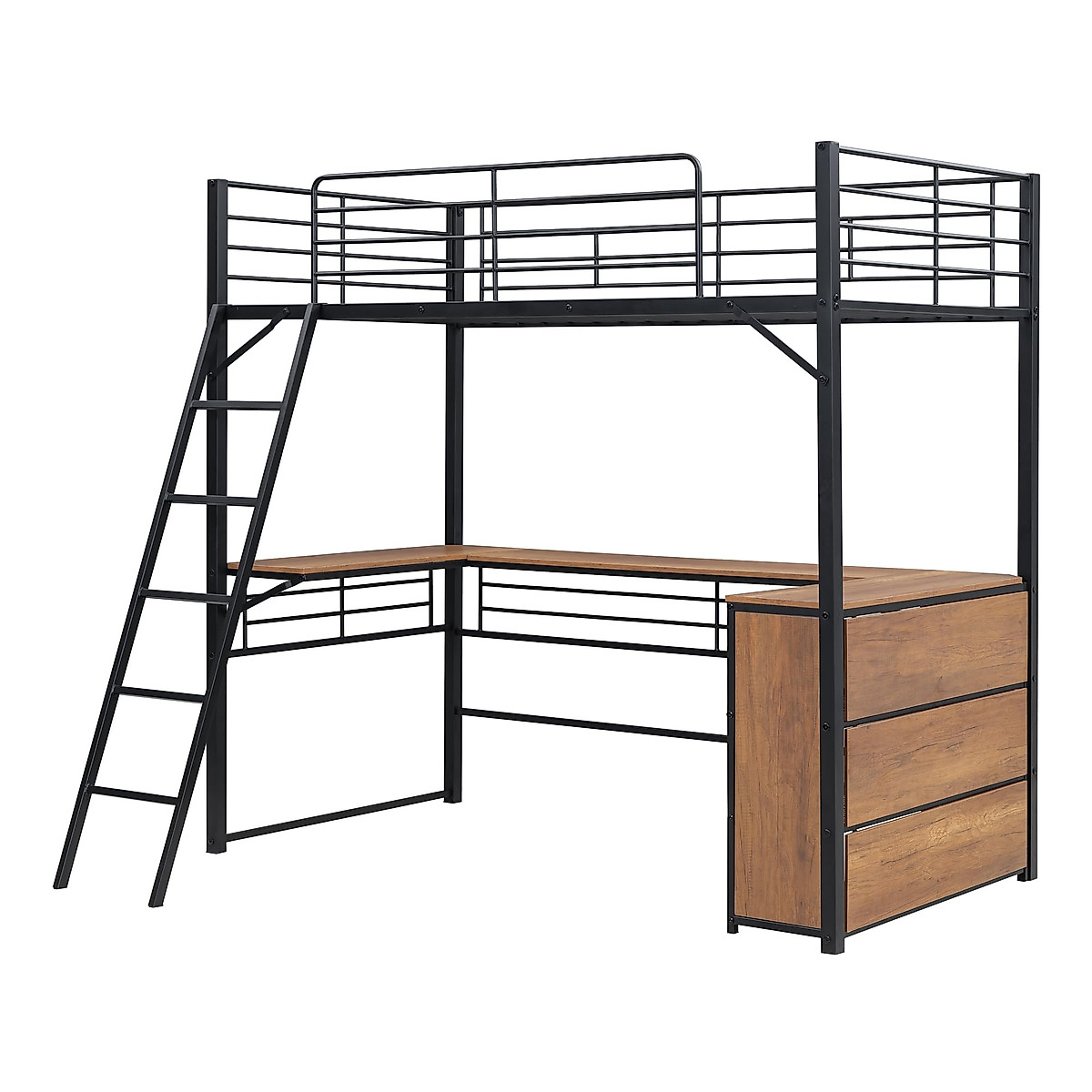 Twin Size Metal Loft Bed with L-Shaped Desk,Heavy Duty Metal Loft Bed with 3 Tier Shelves for Kids Teens Adults,High Loft Bed Frame, Space Saving(Twin,Black)