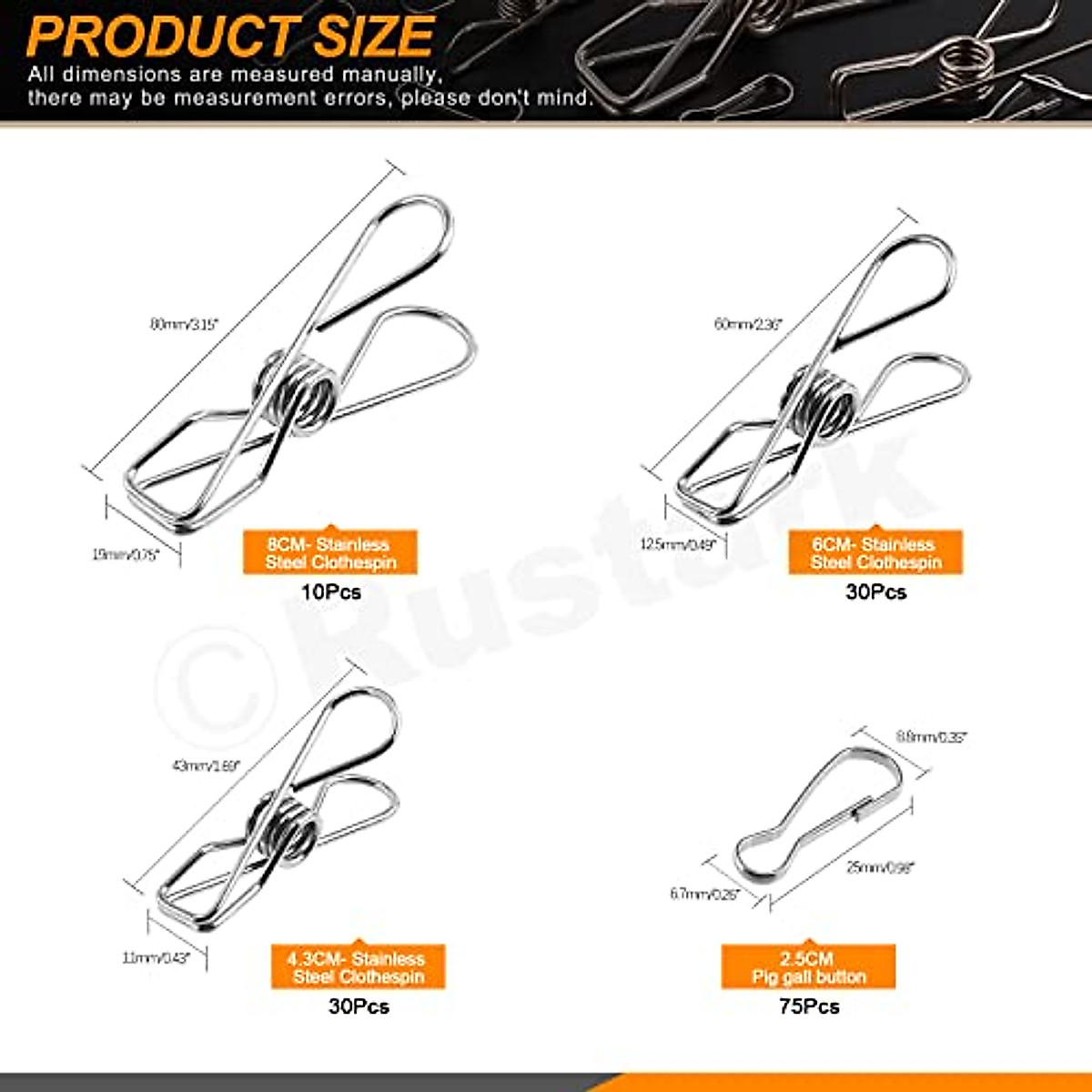 Rustark 145Pcs Stainless Steel Clothespin Clips with Spring Hooks Assortment Kit Heavy Duty Multipurpose Metal Wire Utility Clips Windproof Clothes Pegs for Outdoor Clothesline Home Kitchen