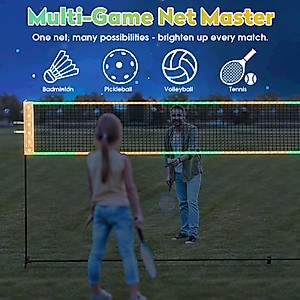 YepItIs LED Badminton Net, 17ft Light Up Portable Badminton Set with APP & Remote Control, Music Sync, Easy Setup Nylon Net with Poles for Badminton, Kids Volleyball, Pickleball (Badminton Net Set)