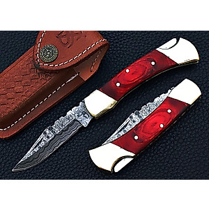 Smart & Sharp Custom Handmade Damascus Steel Folding Knife/Pocket Knife AR-17394 (Red Colored wood) (Red)