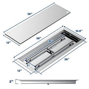 Skyflame Rectangular Stainless Steel Drop-in Fire Pit Pan and Burner with Burner Cover, Include 42" X 18" Fire Pit Glass Wind Guard
