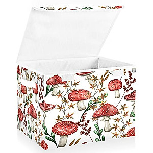 Mushroom Leaves Storage Basket 16.5x12.6x11.8 In Collapsible Fabric Storage Cubes Organizer Large Storage Bin with Lids and Handles for Shelves Bedroom Closet Office