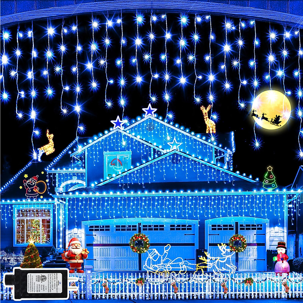 JXLEDAYY Christmas Lights Super Long 1280 LED 131 FT LED String Lights with 240 Drops Plug in 8 Modes Christmas Decoration for Holiday Wedding Party Bedroom Garden Patio Outdoor Indoor (Blue)