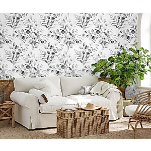 HAOKHOME 93042-2 Peel and Stick Wallpaper Boho Black/Grey/White Eucalyptus Leaf Floral Wall Mural Home Nursery Boho Contact Paper 17.7in x 9.8ft