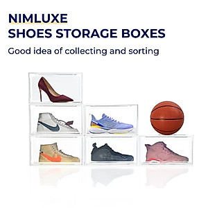 Nimluxe Shoes Storage Boxes,6Pack Sneaker Shoe Boxes Clear Plastic Stackable,Shoe Organizer Boxes with Magnetic Side Opening Lids, Display Case Shoe Container Boxes Fit Shoe Size Up to US 15