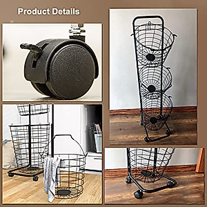 usego 3 Tier Laundry Basket with Rolling Lockable Wheels Wire Metal Sorter Storage Trolley Shelf Basket Durable Metal Sorter Clothes Storage Trolley Shelf with Removable Hamper for Organizing Clothes