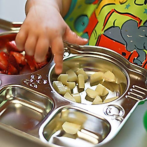 Innobaby Stainless Bus Plate with Airtight Sectional Lid, The Original, Leak-Resistant Divided Platter, Mom Invented Fun Shape Plate Din Din SMART for Babies, Toddlers and Kids, BPA Free Plate, Orange