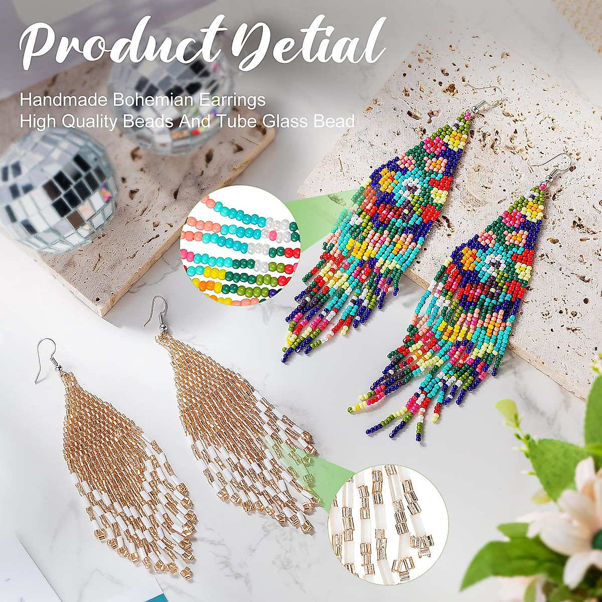 Tuanse 4 Pairs Long Beaded Tassel Earrings Bohemia Colorful Handmade Beaded Earrings Seed Bead Statement Fringe Drop Dangle Earrings Boho Jewelry for Women Gifts, 4 Styles