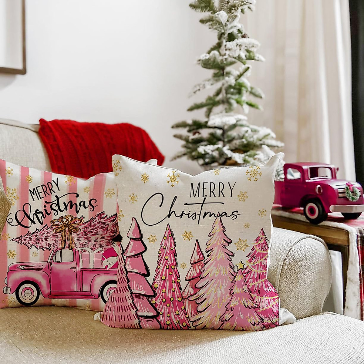 CARRIE HOME Pink Christmas Decor Pink Christmas Truck Tree Pillow Covers 18x18 Set of 2 Merry Christmas Outdoor Throw Pillows 18 x 18 for Porch and Couch (No Pillow Inserts)