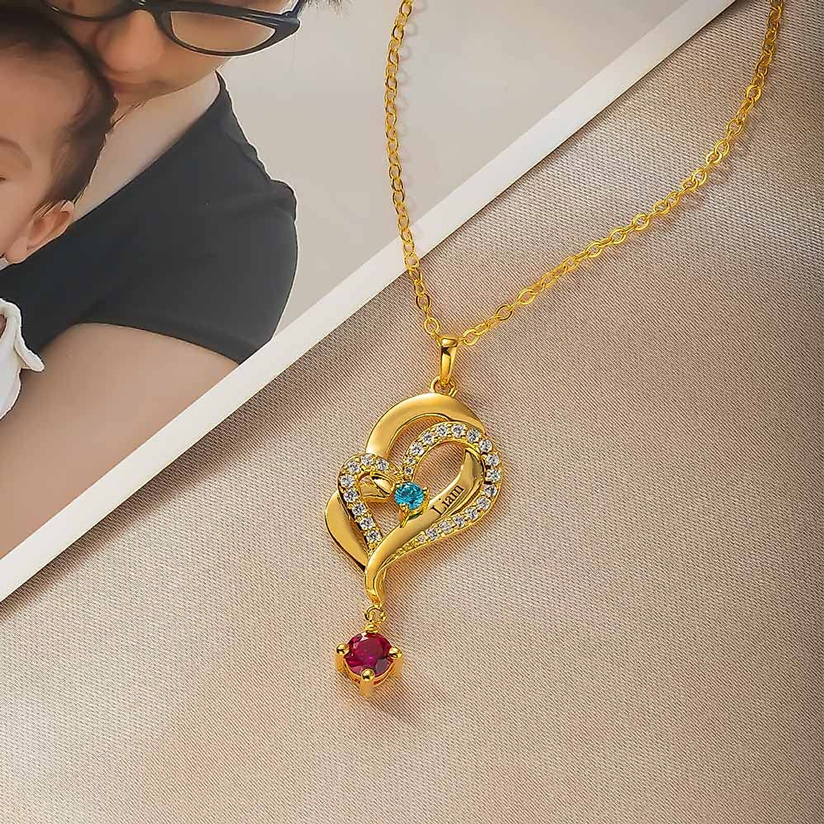 AILIN Custom Mothers Necklace With 1-8 Children Birthstones 925 Sterling Silver Heart Personalized Engraved Name Mom Pedant Necklace Family Jewelry Gifts For Women Mama Grandma Daughter