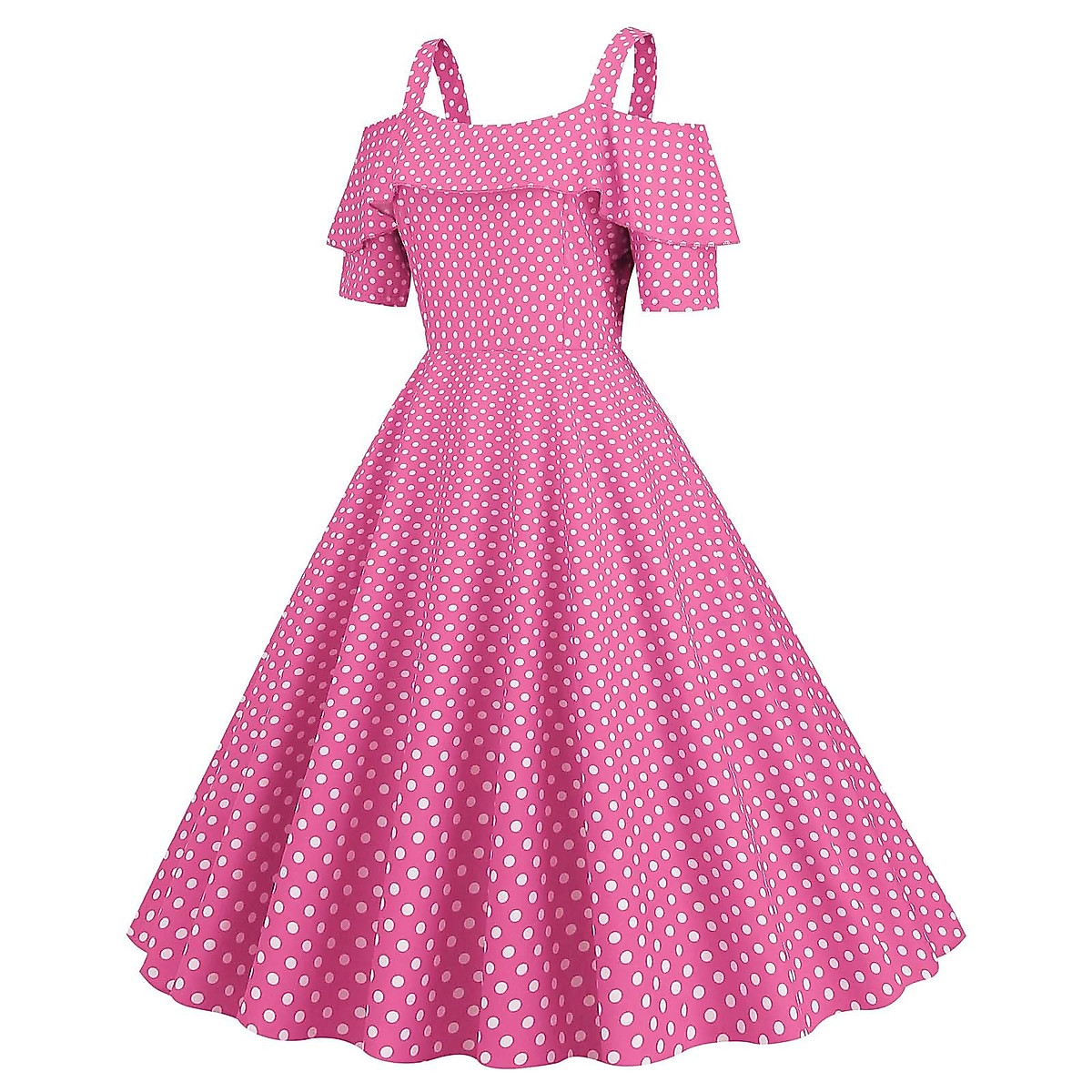 UNSERE Womens Trendy Off Shoulder Vintage Large Swing Dress Sexy Suspender Ruffled Short Sleeve Polka Dot Dresses Elegant High-Waist 50S Retro Prom Party Dress for Halloween(Pink,XX-Large)
