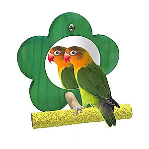 Bird Parrot Mirror with Perch Natural Wood Swing Colorful Sand Grind Paw Trim Beak for Small Parrot Parakeet Cockatiel Lovebird Conure Finch Budgie (Flower-Shaped)