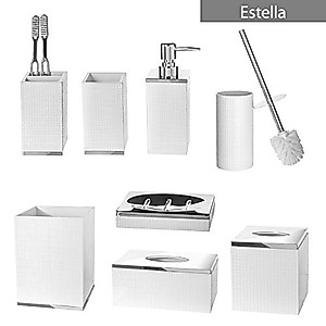 Creative Scents White Bathroom Accessories Set - 4 Piece Bathroom Set with Silver Base - Decorative Bathroom Accessory Set Includes: Soap Dispenser, Toothbrush Holder, Soap Dish and Tumbler (Estella)