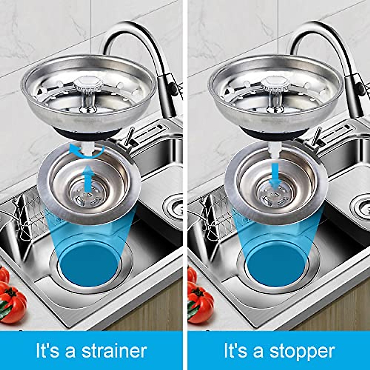 CORNERJOY 2 PCS Kitchen Sink Strainer and Stopper Combo Basket Replacement for Standard 3-1/2 inch Drain,Stainless Steel Basket with Rubber Stopper Bottom