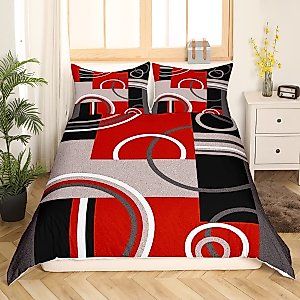 Erosebridal Modern Red Grey Black Stripes Bedding Set Geometric Duvet Cover King Size Retro Circle Swirls Comforter Cover Bedroom Decor Modern Abstract Texture Color Art Bedspread Cover